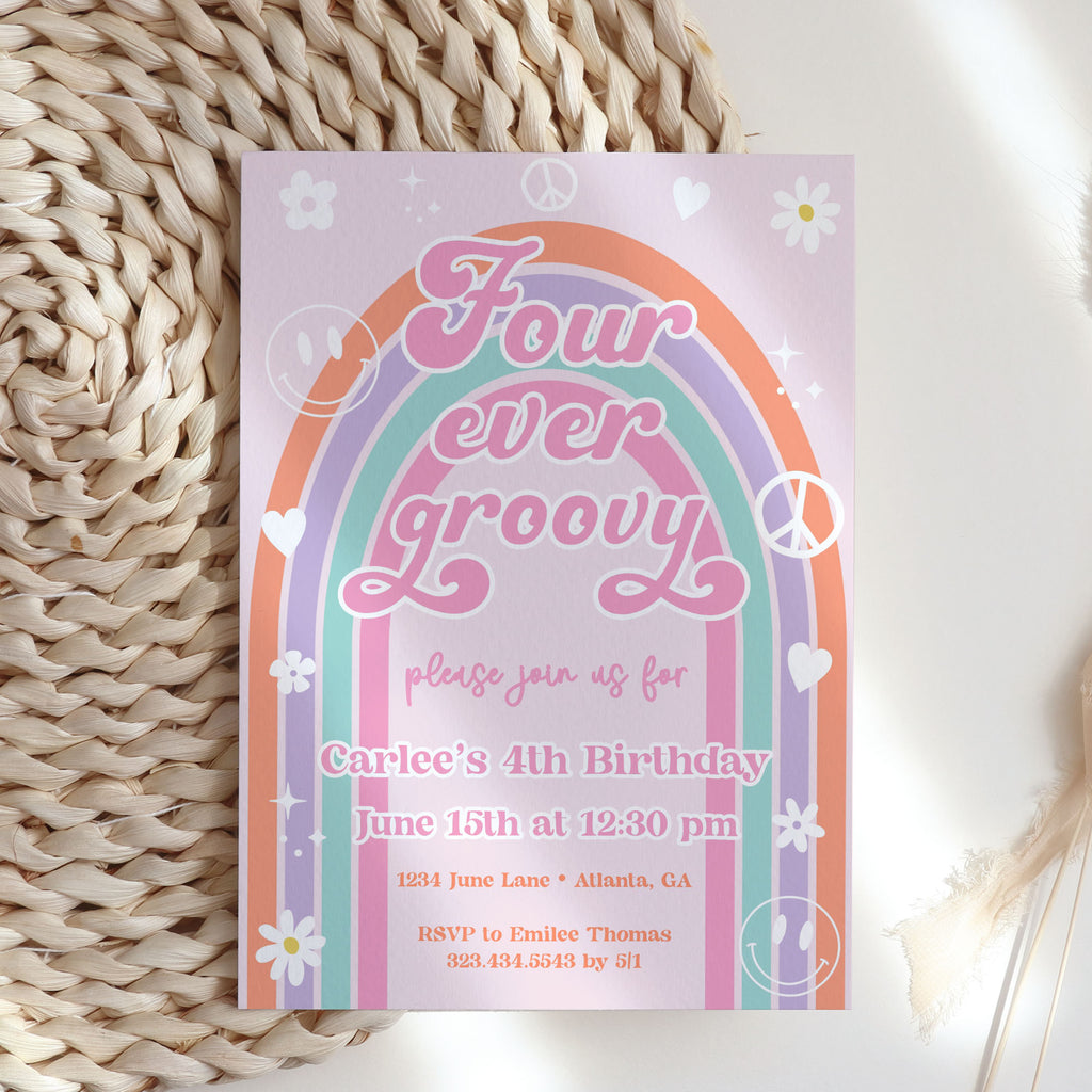Four Ever Groovy Rainbow Pink Invitations – Chicfetti